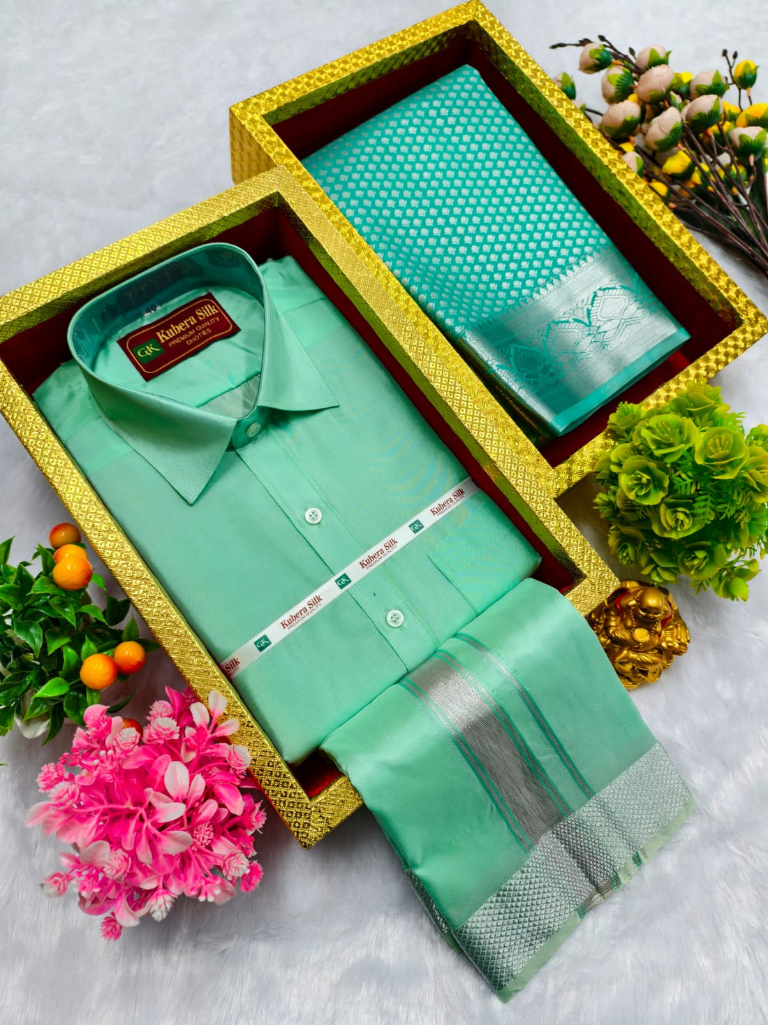 Semi Silk Saree & Semi Silk Dhoti Set - Couple Combo – www.vannamayil.com