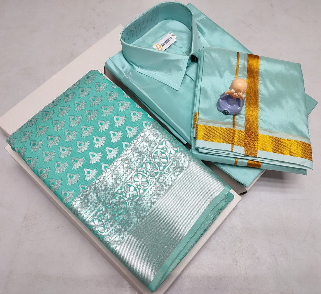 Semi Silk Saree & Semi Silk Dhoti Set - Couple Combo – www.vannamayil.com