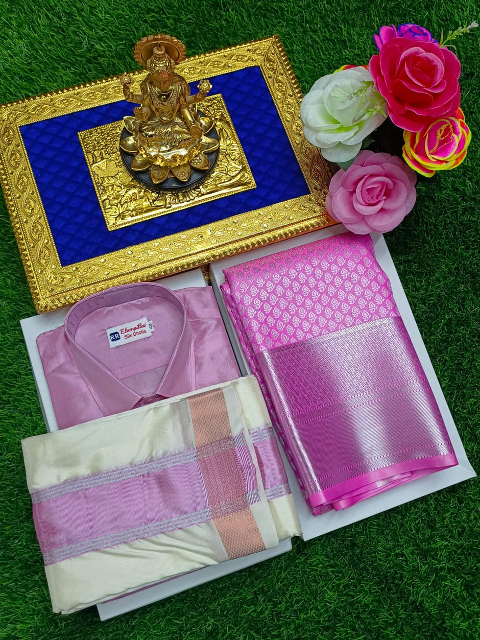 Semi Silk Saree & Cream Dhoti – Colored Shirt Set – www.vannamayil.com