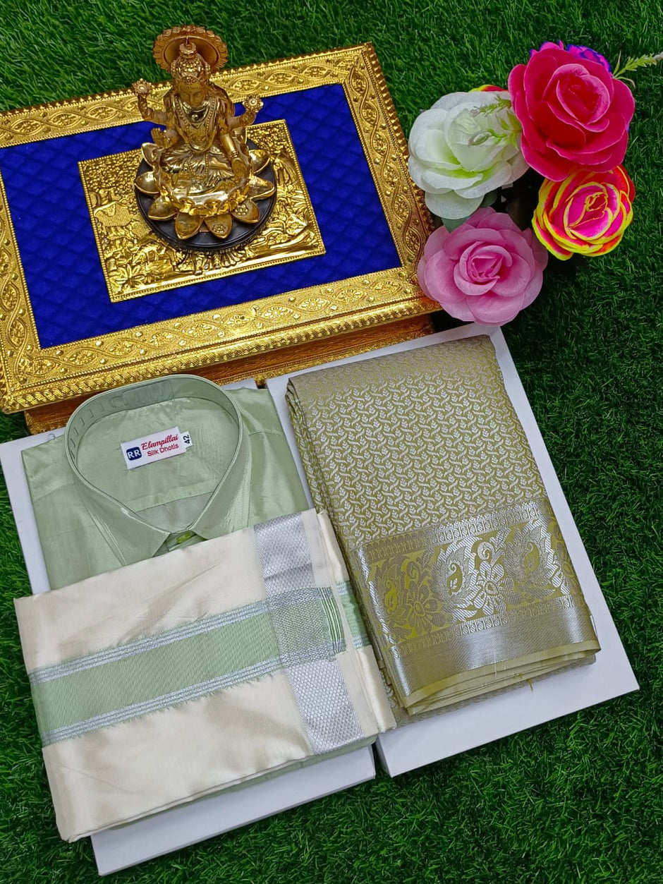 Semi Silk Saree & Cream Color Men's Dhoti Set - Couple Combo – www ...